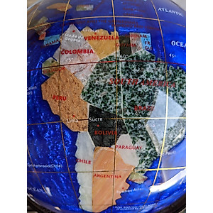 Limited Edition! Unique Art Since 1996 Blue Pearl Swirl Table Top Gemstone World Globe with Silver Zinc Alloy Stand (220MM/9 INCHES 4 LEG/BLUE PEARL OCEAN)