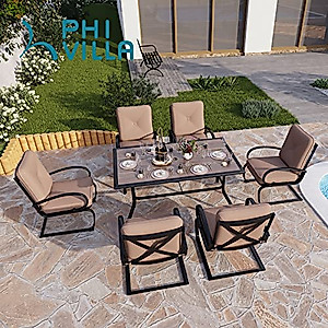 PHI VILLA 7 Pcs Patio Dining Set, Outdoor Furniture Dining Set with 6 Spring Motion Chair with 3.9" Cushion & 1 Large Rectangular Table for Garden, Lawn, Beige