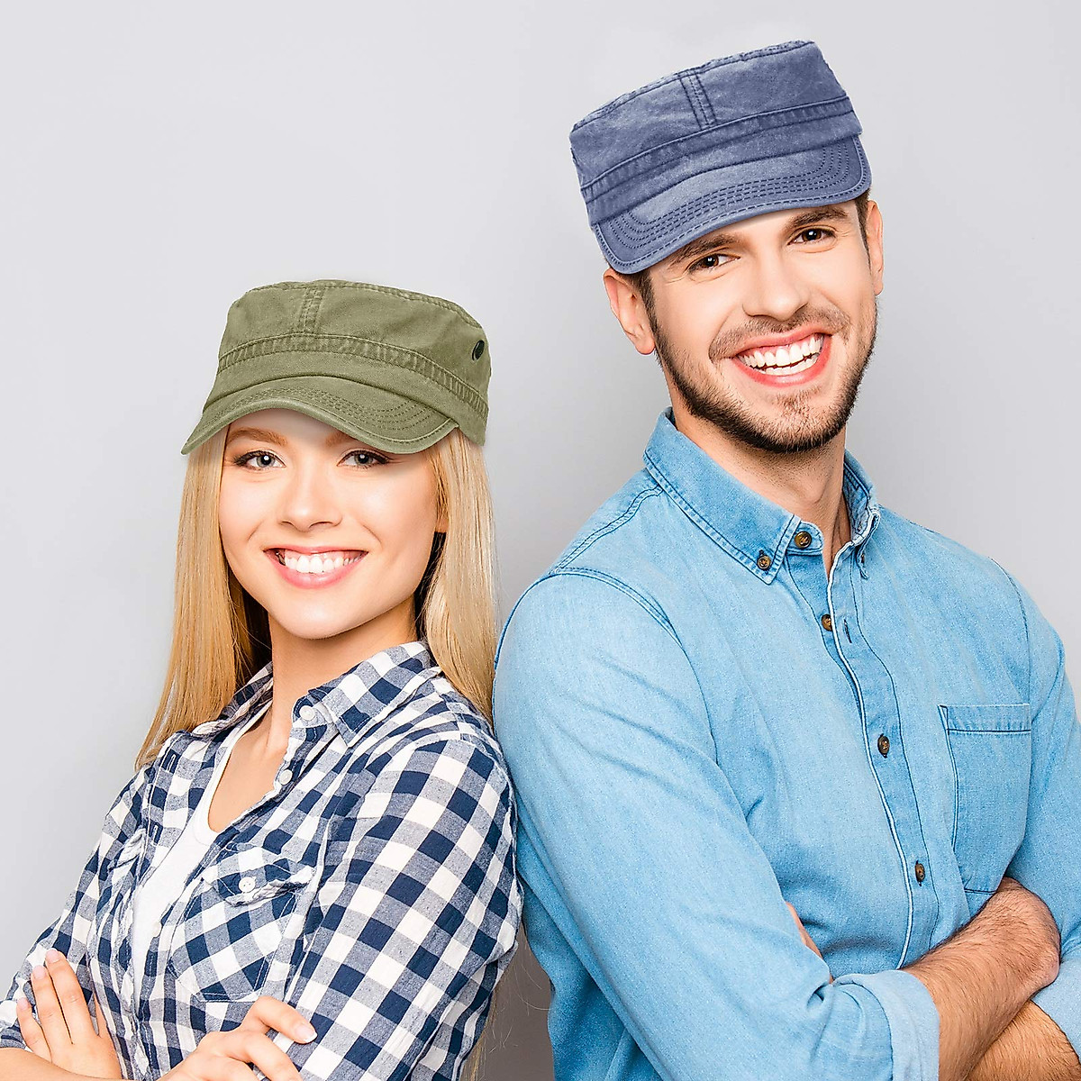 3 Pieces Cadet Army Caps Military Flat Top Caps Washed Cotton Cadet Cap Adjustable Military Style Hat Unisex Baseball Cap (Blue, Black, Army Green)