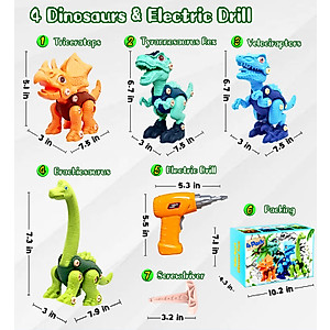 HAFUZIYN Dinosaur Toys for Kids, 4 Pack Take Apart Dinosaur Toys with Electric Drill for 3 4 5 6 7 8Year Old Boys and Girls, STEM Construction Building Play Toy for Christmas Birthday Gifts
