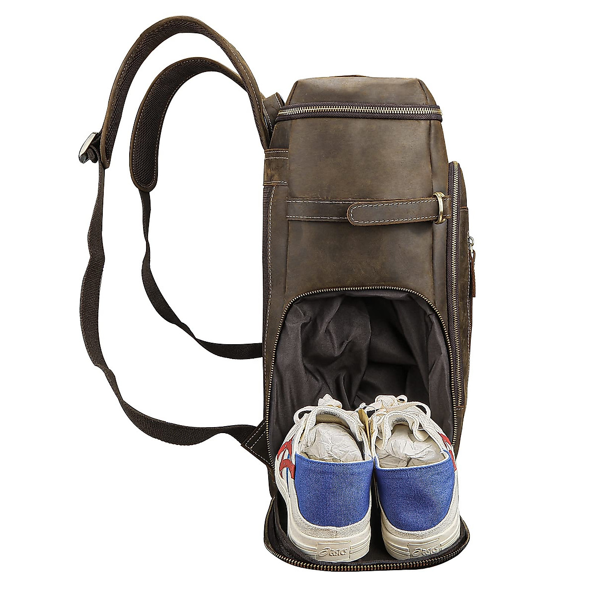 Lannsyne Vintage Full Grain Genuine Leather Backpack 18" Laptop Bag with Shoe Compartment Casual Travel Daypack Brown