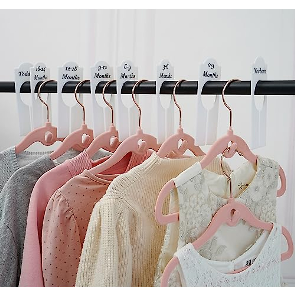 HOUÍSM Baby Hangers Pink Velvet, 60Pack Non-Slip Kids Clothes Hangers+ 10 Finger Clips + 8 Baby Closet Dividers, Space Saving Cascading Hangers for Nursery Closet Organization