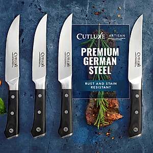 Cutluxe Steak Knives Set of 4, Straight Edge Steak Knife Set – Forged High Carbon German Steel, Full Tang, Ergonomic Handle Design – Artisan Series