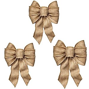 Rocky Mountain Goods 7 Loop Burlap Bow - Pack of 3-12” x 18” Wired Burlap Hand Tie Bow for Wreath, Wedding, Crafts, Christmas Tree, Gifts, Tree Topper, Fall - Indoor/Outdoor Natural Burlap