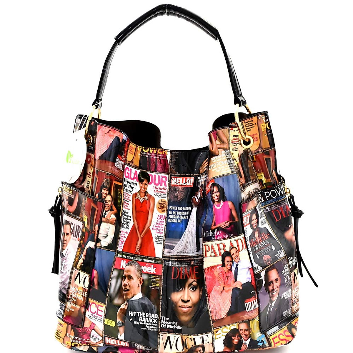 Michelle Obama Magazine Cover Print Multi Pocket 3 in 1 Single Strap Hobo Purse Handbag Crossbody Bag Wallet SET (Patent Leather - BLACK/WHITE)