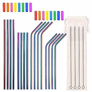 Lazycorner 16 Metal Straw Reusable Straws 8.5" 10.5" 6mm Stainless Steel Straws for Tumblers 20oz-32oz, Rainbow Drinking Straws with Silicone Tips, 4 Straw Cleaner Brush, 1 Travel Case