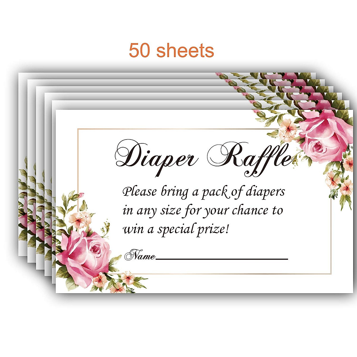 Diaper Raffle Tickets for Baby Shower (50 Count) 3.5" x 2" with Name Line, Pink Flower Design