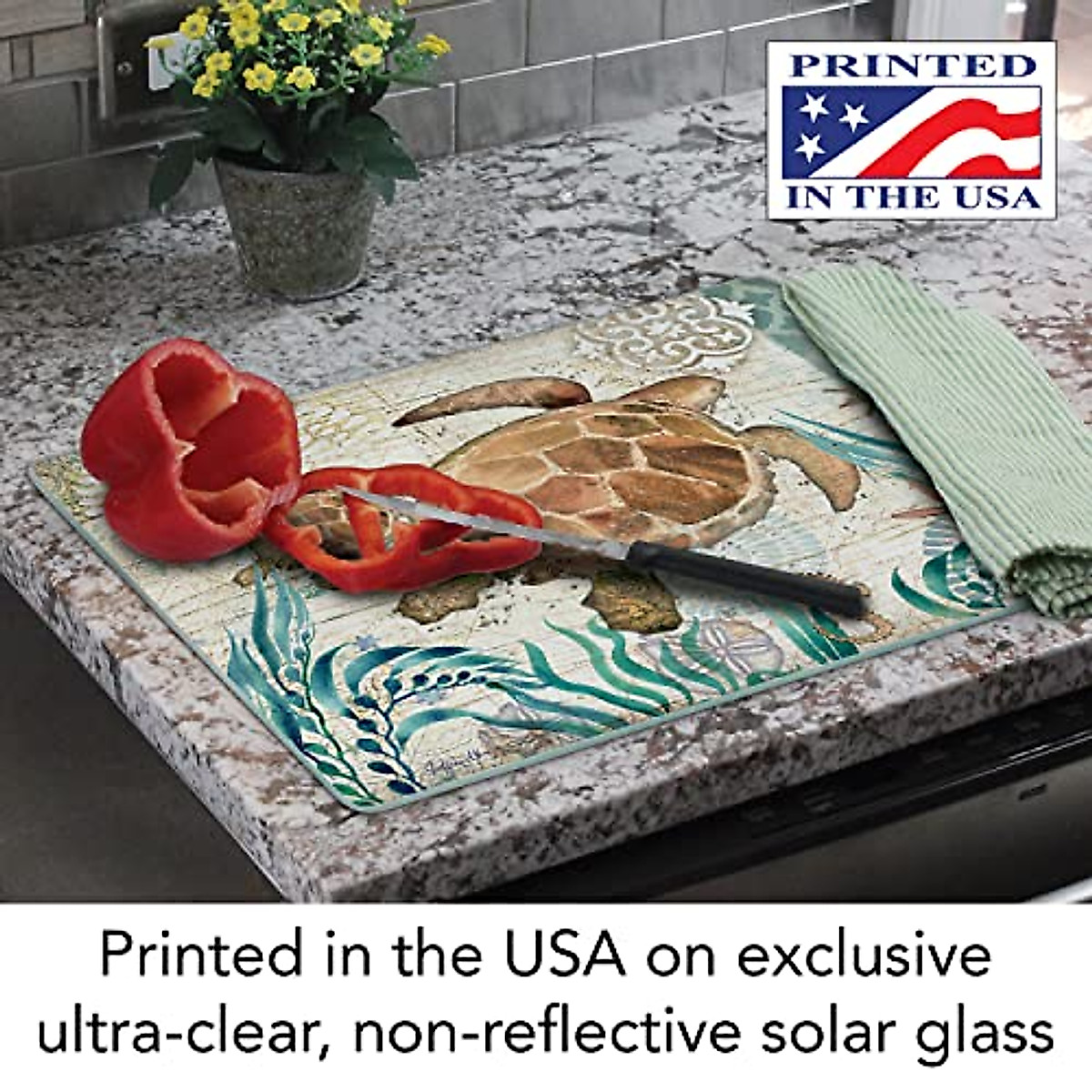 CounterArt Monterey Bay Turtle 3mm Heat Tolerant Tempered Glass Cutting Board 15” x 12” Manufactured in the USA Dishwasher Safe