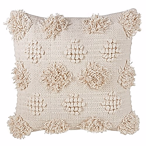 SARO LIFESTYLE Handira Collection Down Filled Cotton Pillow Pom Moroccan Design, 18", Ivory
