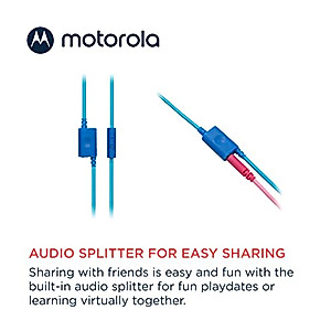 Motorola Moto JR200 Kids Headphones with Microphone - Lightweight Over Ear Wired Foldable Design, Safe Volume Limit 85dB, Audio Splitter for Sharing - Ideal for School, Home, Travel, Gaming - Blue
