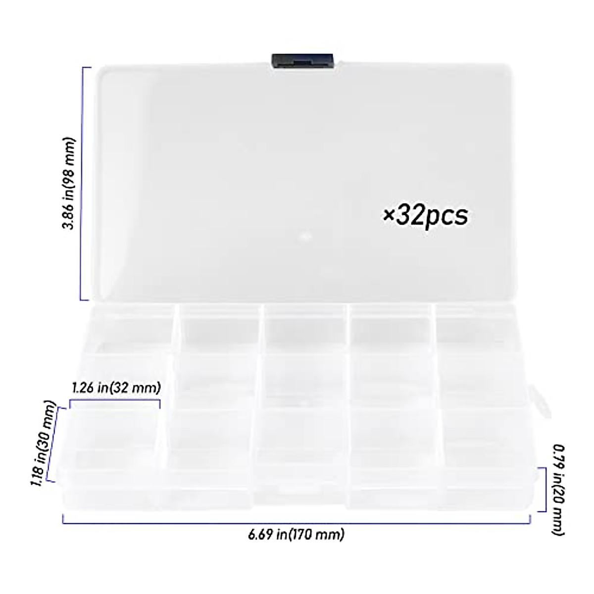 ZEONHEI 32 Pack 15 Grids Plastic Jewelry Organizer Box, Transparent Plastic Bead Storage Organizer Box with Adjusatble Dividers for Beads Earrings Rings Jewelry