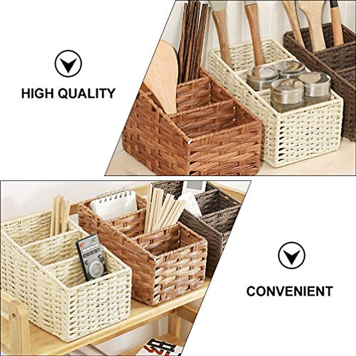 DOITOOL Wicker Storage Basket with 3- Compartment Magazine Hyacinth Basket Weave Organizer Baskets Desktop Storage Box Sundries Container Desk Basket Bins for Bathroom Office