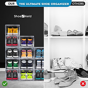 ShoeShield Ultra All Clear Shoe Boxes Plastic Stackable Professional Grade Shoe Display Case with Magnetic Front Drop Door Open Easy Assembly Modern Shoe Sneaker Display Case Fits US Size 14