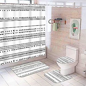 Rtteri 4 Pcs Boho Shower Curtain Sets with Rugs, 72 x 72 Inch Fabric Bathroom Curtains Set with Hooks Water Absorbent Bath Rugs Toilet Lid Cover Black White Chic Triangle and Geometric Bathroom Decor