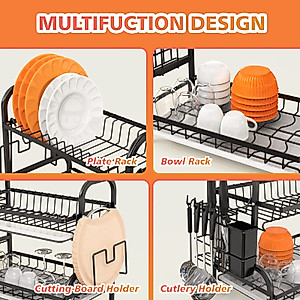 DUCHIFAD Dish Drying Rack, 2-Tier Dish Racks for Kitchen Counter, Sink Dish Drainer with Drainboard, Utensil Holder and Cutting Board Holder, Stainless Steel Kitchen Drying Rack-Black