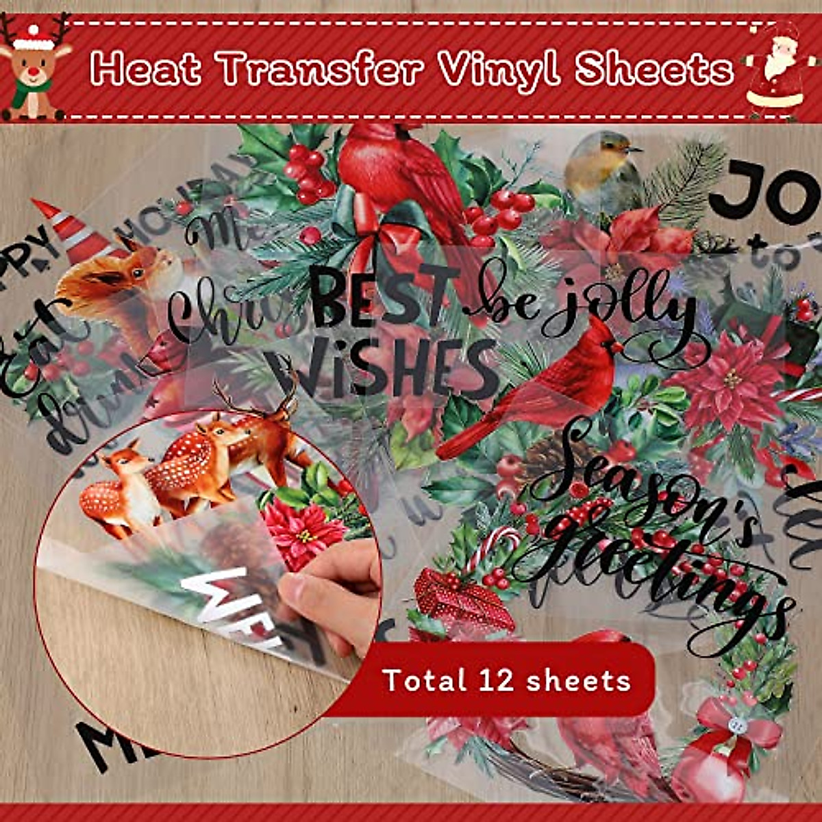 12 Sheets Christmas Iron on Transfers for T-Shirts Cardinal Iron on Decals Poinsettia Elk Candles Letter Tree Pattern Applique Stickers Wreath Heat Transfer Paper Stickers for DIY Xmas Clothing
