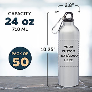 DISCOUNT PROMOS Custom Aluminum Water Bottles with Carabiner 24 oz. Set of 50, Personalized Bulk Pack - Perfect for Gym, Hiking, Camping, Running, Mountain Bike, Outdoor Sports - Silver