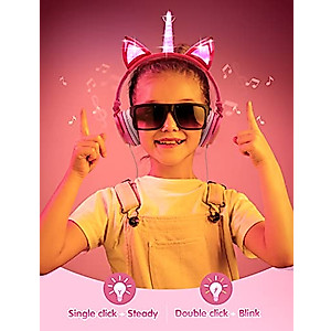 ONTA Unicorn Kids Headphones, Cat Ear LED Light Up Foldable Earphone Wired Over On Ear for Girls Boys,Kids Headband Toddler Tablet for School Supply/Travel/Holiday/Birthday/Cosplay Gifts(Peach)
