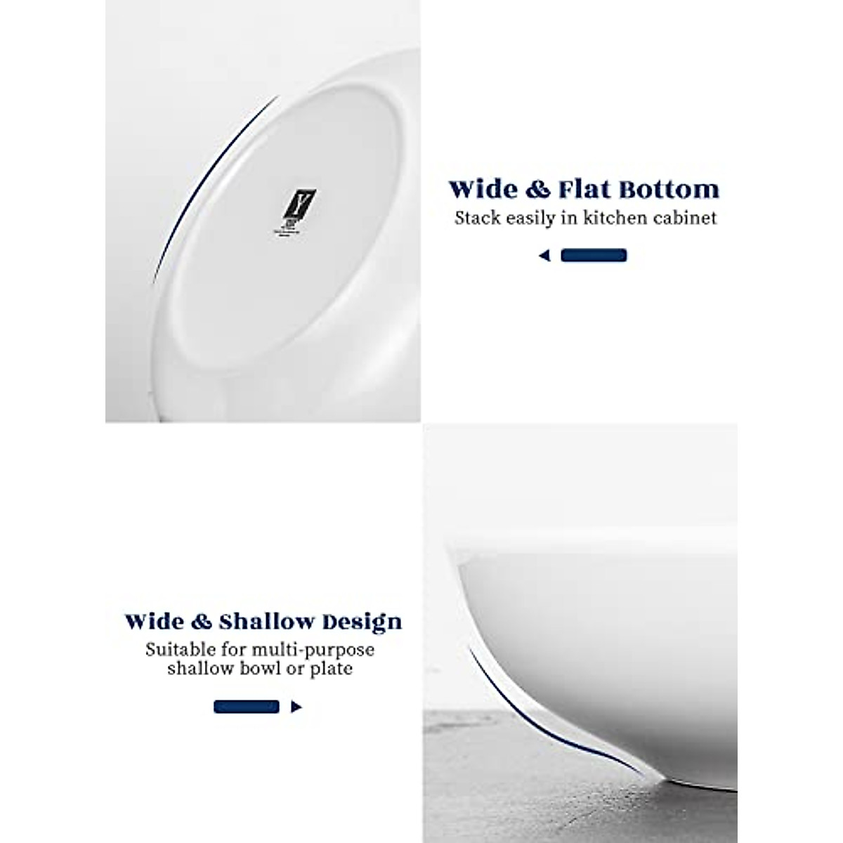 Y YHY 9.75" Large Pasta Bowls, 50 Ounces Big Salad Bowls, Ceramic Serving Bowl Set of 4, Wide and Shallow Bowls Set, Microwave and Dishwasher Safe, White