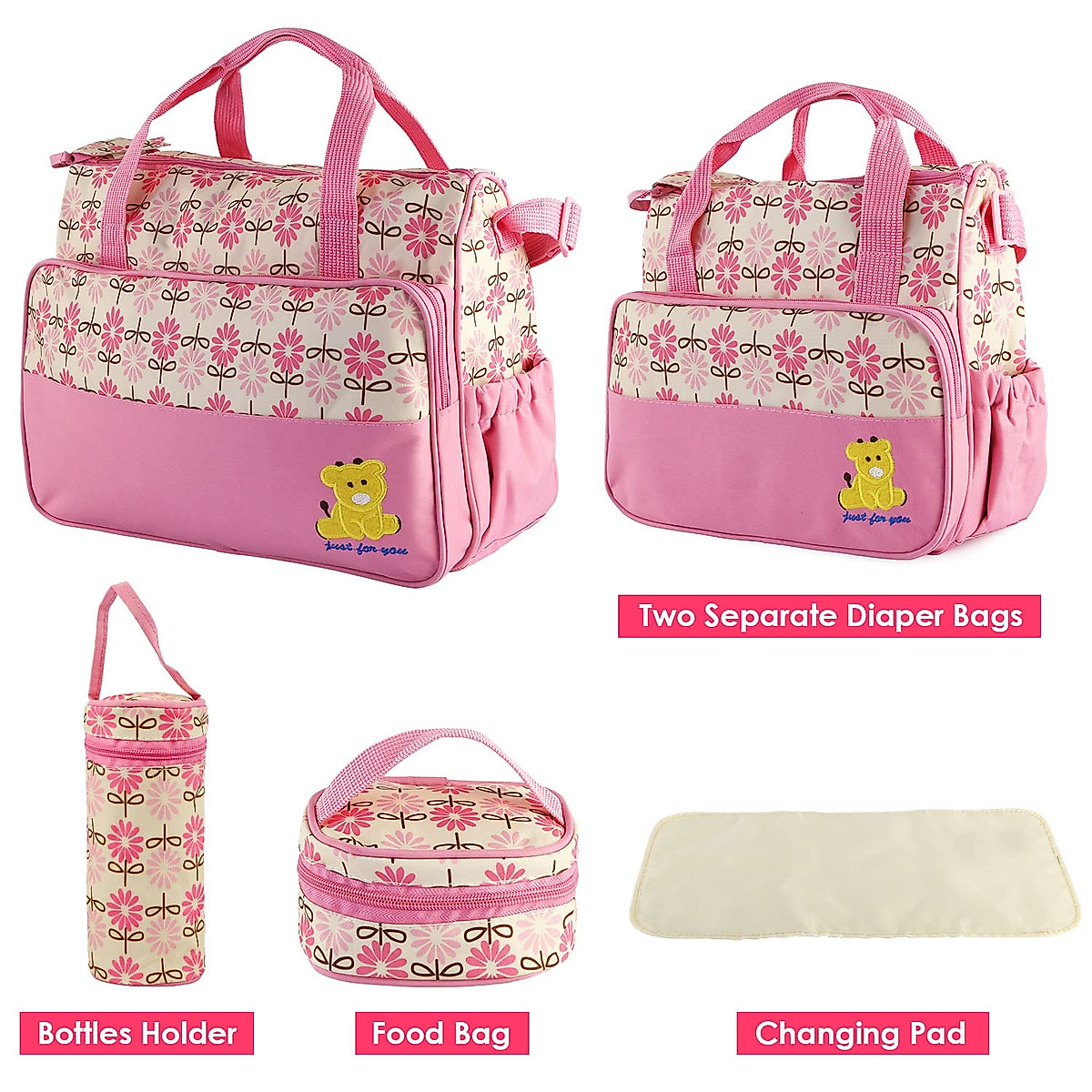 5 Pcs Multifunctional Set Baby Changing Diaper Nappy Bag, Maternity Mummy Handbag, Portable Nappy Basket Storage Organiser, Maternity Baby Bag for Boys Girls(Pink)
