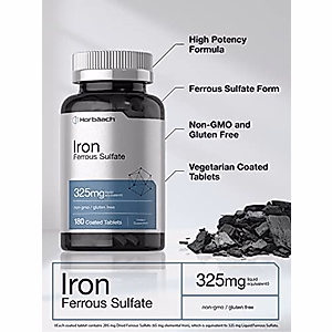 Iron Ferrous Sulfate | 325mg | 180 Count | Vegetarian, Non-GMO & Gluten Free Dietary Supplement | by Horbaach