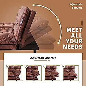 IULULU Futon Sofa Bed Faux Leather Couch with Memory Foam, Modern Convertible Sleeper Daybed with Adjustable Armrests for Studio, Apartment, Office, Dorm, Easy Assembly, Chestnut