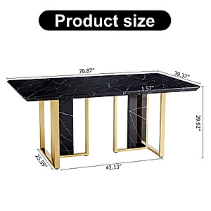 71" Large Marble Dining Table Set for 6, Modern Rectangular Dining Room Table with 6 Black Leather Chairs, 1.57" Printed Marble Tabletop and MDF Metal Leg,for Kitchen Dining Living Meeting Room