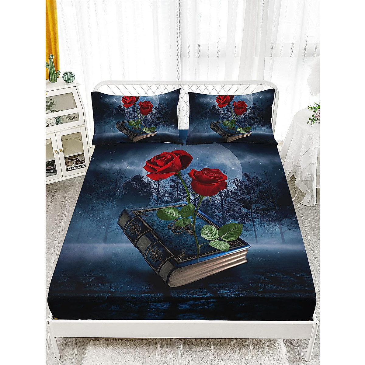 AILONEN Rose Fitted Sheet Full Size,Red 3D Romantic Rose Bedsheets Set for Girls,Romantic Flower Bedding Set,Magic Book Bed Sheet Set,1 Fitted Sheet 2 Pillowcases,3 Pcs,Soft Microfibre