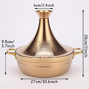 Hgjgwqh Moroccan Tagine Cooking Pot, 304 Stainless Steel Non Stick Tagine Pot with Cone-Shaped Closed Lid Large Moroccan Cooker Handmade Stovetop Pot,Gold,27cm