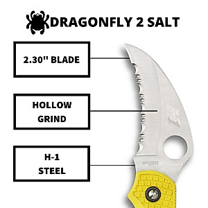 Spyderco Dragonfly 2 Lightweight Salt Knife with 1.97" H-1 Hawkbill Steel Blade and High-Strength Yellow FRN Handle - SpyderEdge - C28SYL2HB