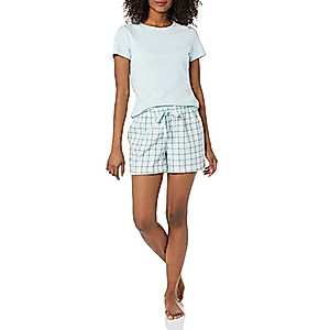Amazon Essentials Women's Lightweight Flannel Short and Cotton T-Shirt Sleep Set, Light Blue Plaid, Small