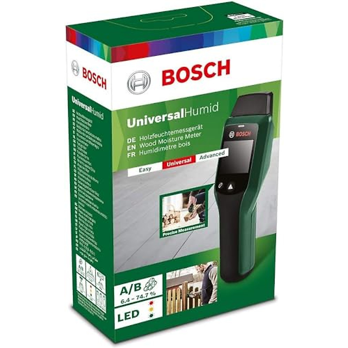 Bosch moisture meter UniversalHumid (precise results thanks to wood group selection and LED traffic light for easy interpretation)
