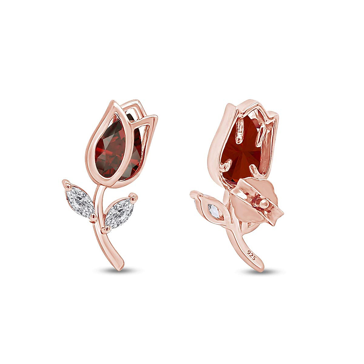 Pear & Marquise Shape Simulated Garnet & White Cubic Zirconia Stud Earrings In 14k Rose Gold Over Sterling Silver