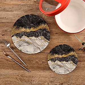 Kitchen Pot Holders Set Round Cotton Potholders Hot Pads, Hot Mats Gold Black Marble for Hot Dishes Pot Bowl Teapot