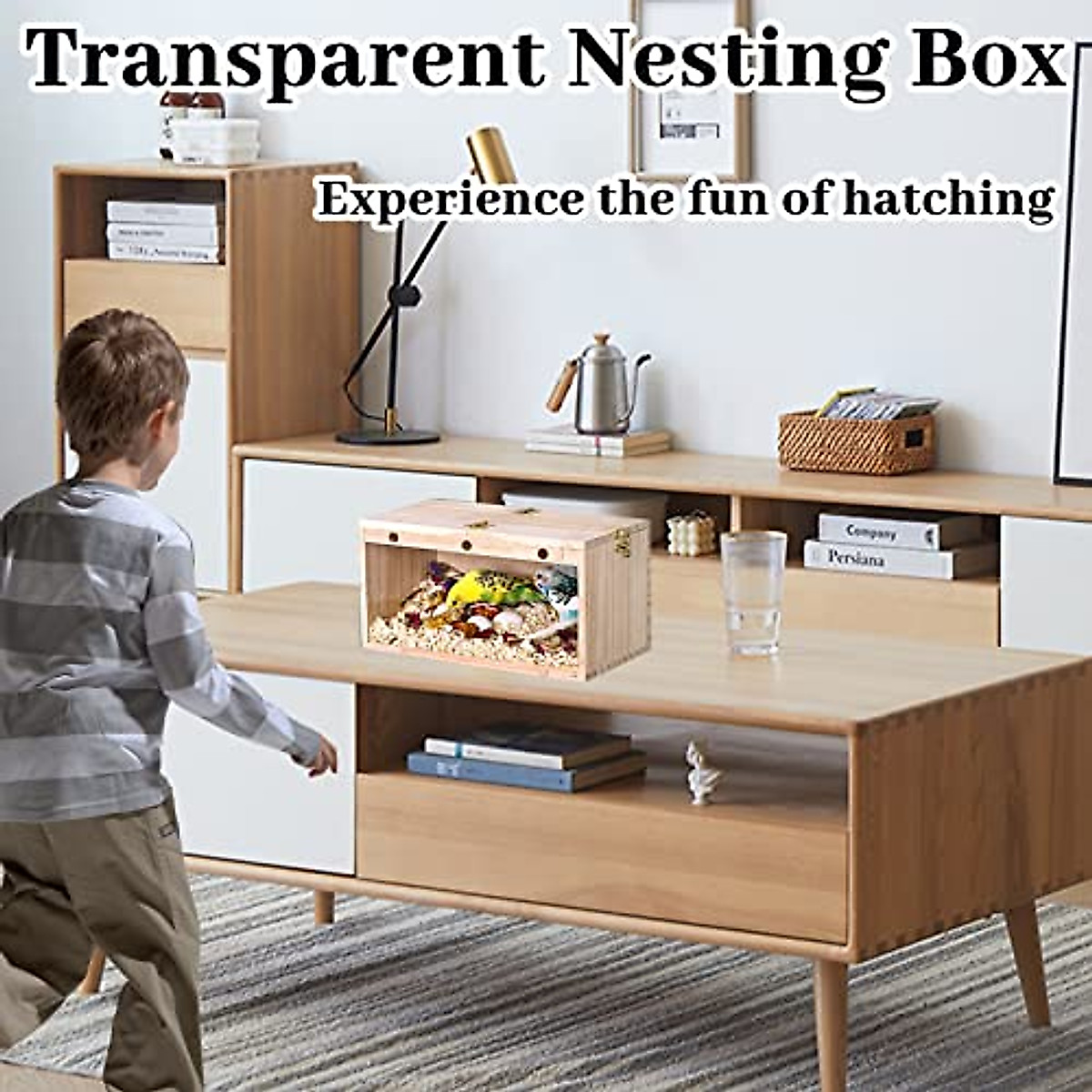 Hamiledyi Parakeet Nesting Box Transparent Budgie Nest Breeding Box with Perch Wood Bird House for Cage Natural Lovebird Breeder Box for Parrot Finch Canary Conure Mating Hatching (5 x 9.84 x 5.31 in)