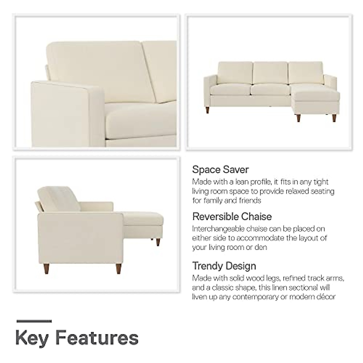 DHP Liah Reversible Sectional Sofa with Pocket Spring Cushions, Ivory