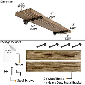 Wallniture Pipe 48 inch Long x 9.25 in Deep Floating Shelves for Wall, Industrial Pipe Shelving, Wall Bookshelf for Living Room, Home Office, Laundry Room, Wall Shelves Set of 2, Burnt, Wood