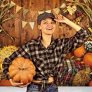 MAQTT 7x5FT Polyester Fall Thanksgiving Photo Backdrop Autumn Pumpkins Hay Maple Leaves Rustic Wooden Floor Barn Harvest Background Baby Birthday Wedding Holiday Party Banner Photography