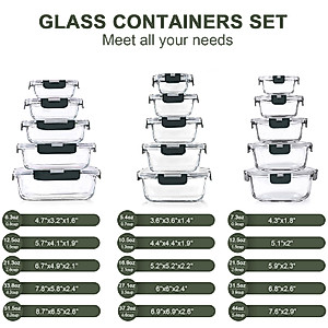 30 Pieces Glass Food Storage Containers Set, Glass Meal Prep Containers Set with Snap Locking Lids, Airtight Glass lunch Containers, BPA-Free, Microwave, Oven, Freezer & Dishwasher Friendly,Gray