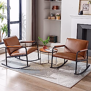 DUOMAY Modern Accent Rocking Chair Set of 2, Mid Century Upholstered Glider Rocker Armchair with Metal Base PU Leather Nursery Glider Chair with Wooden Grips for Living Room Bedroom, Brown