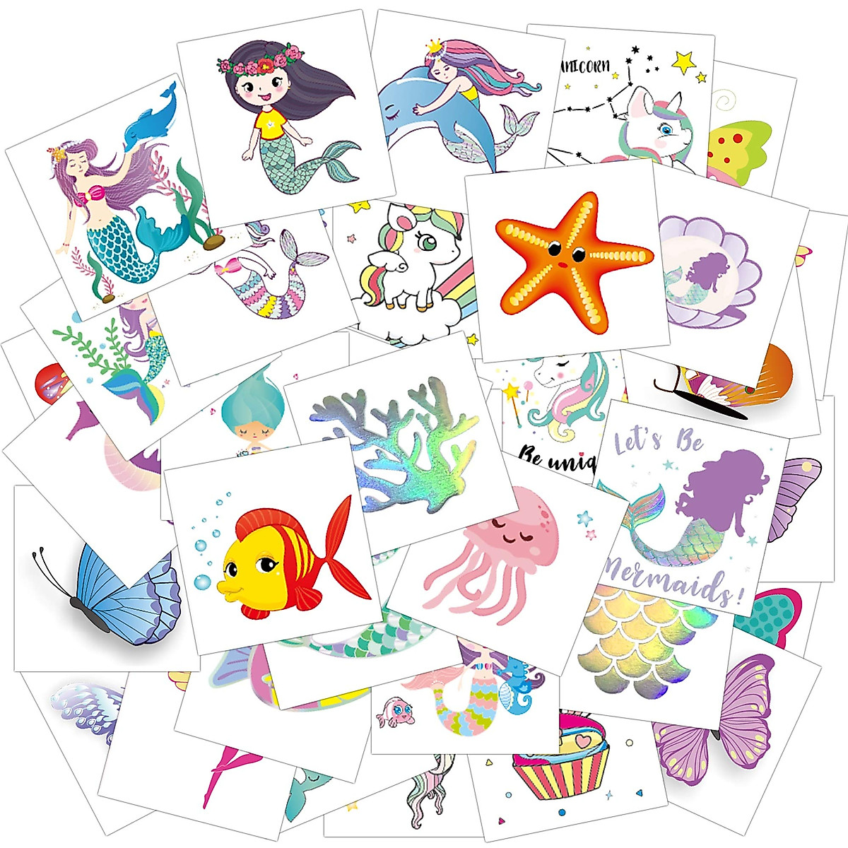 Temporary Tattoos for Kids(80pcs),Konsait Glitter Mermaid Unicorn Butterfly Tattoos for Children Girls Birthday Party Favors Supplies Great Kids Party Accessories Goodie Bag Stuffers Party Fillers