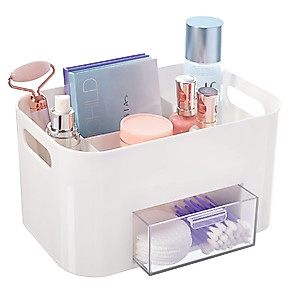 STORi Bliss White Makeup Organizer for Countertop, Divided Bathroom Organizer & Storage Drawer, Makeup Brush Holder, Cosmetic & Nail Polish Organizer, Made in USA