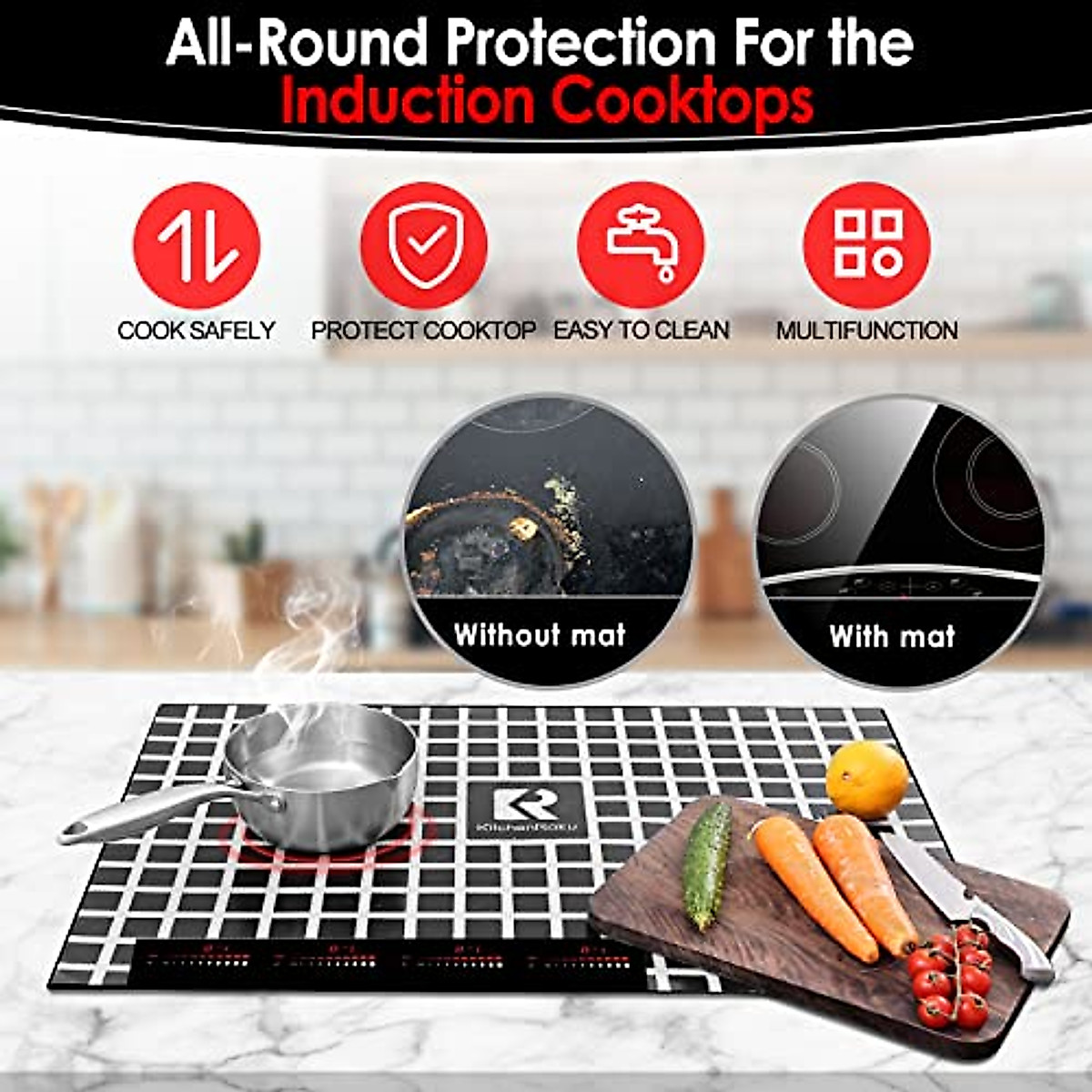 KitchenRaku Large Induction Cooktop Protector Mat 20.4x30.7 Inch, Magnetic Electric Stove Covers Antistrike & Antiscratch Glass Top Stove Cover, Silicone Induction Cooktop Mat for Electric StoveTop