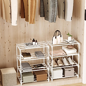 TAUEHR Small Stackable Shoe Rack,Narrow Kids Shoe Stand,Metal Shoe Storage Shelf for 6-8 Pairs of Shoes Entryway and Closet Hallway (3-Tier, White)