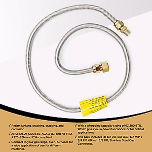 Appliance Pros 1/2 I/D, 5/8 O/D Gas Stove Flexible Hose Gas Line, Braided Stainless Steel, Fit Most Range and Grill Models 1/2 MIP x 3/4 FIP, 60 inch