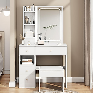Elevon Small Makeup Vanity Desk with Sliding Mirror LED 3 Lighting Adjustable, Vanity Table Set with 5 Storage Drawer & Chair & Shelves Bedroom Furniture, White