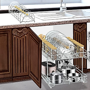 FULGENTE Pull Out Cabinet Drawer Organizer for Lid Cookware 11" W x 21" D 2 Tier Slide Out Kitchen Shelves Storage for Pots and Pans Roll Out Pot Top Shelf for Cabinet Wire Frame Chrome Finish