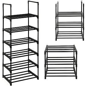 DazHom 6-Tier Shoe Rack, Shoe Storage Organizer Metal for Closet, Stackable Shoe Racks Tower, Space Saving Sturdy Organizer Shoe Shelf for Closet Entryway, Hallway, Living Room, 12-18 Pairs, Black