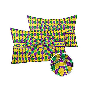 Outdoor Waterproof Throw Pillow Covers Set of 2 Cushion Cases Mardi Gras Purple Yellow Green Plaid Bow Pillow Covers,Decorative Pillowcases for Patio,Garden,Couch 20x12 Inch