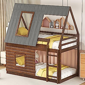 Harper & Bright Designs House Bunk Bed for Kids, Low Bunk Bed Twin Over Twin, Wood Floor Bunk Beds with Roof,2 Windows and Ladder for Girls Boys, Oak & Smoky